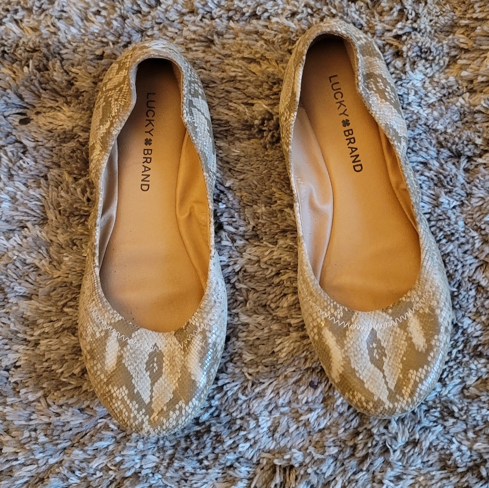 Lucky Brand Emmie Tan Cream Snake Print Ballet Flats … - Gem